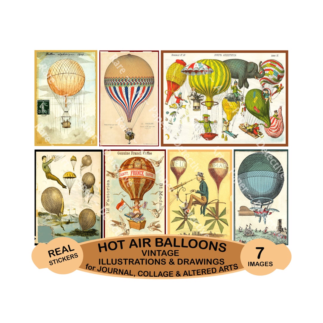 Antique Hot Air Balloon Illustration Stickers, 4" Tall Decals for Home ...