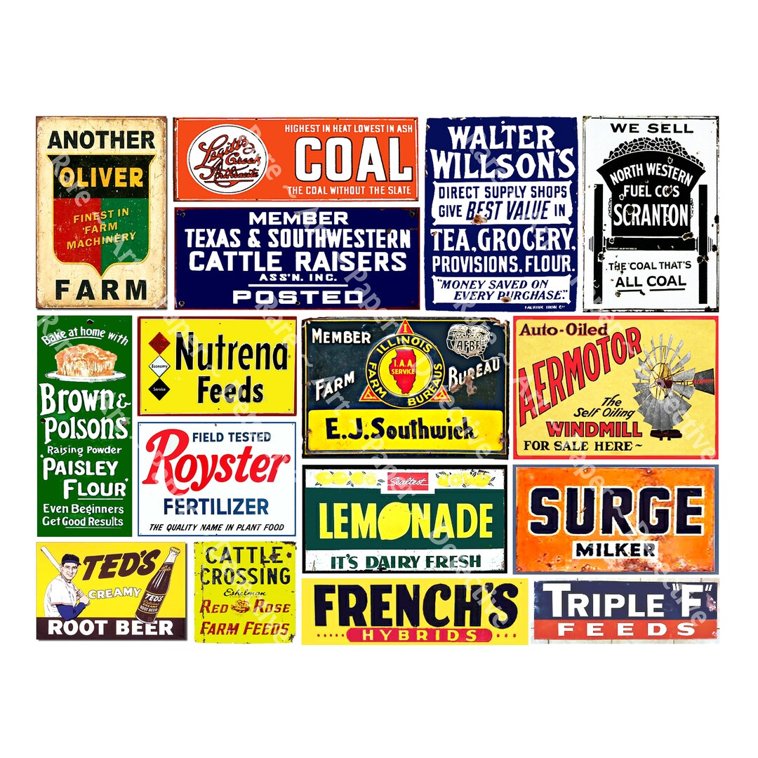Vintage Advertising Sticker Sheet, 16 Rusty Metal Sign Illustrations ...