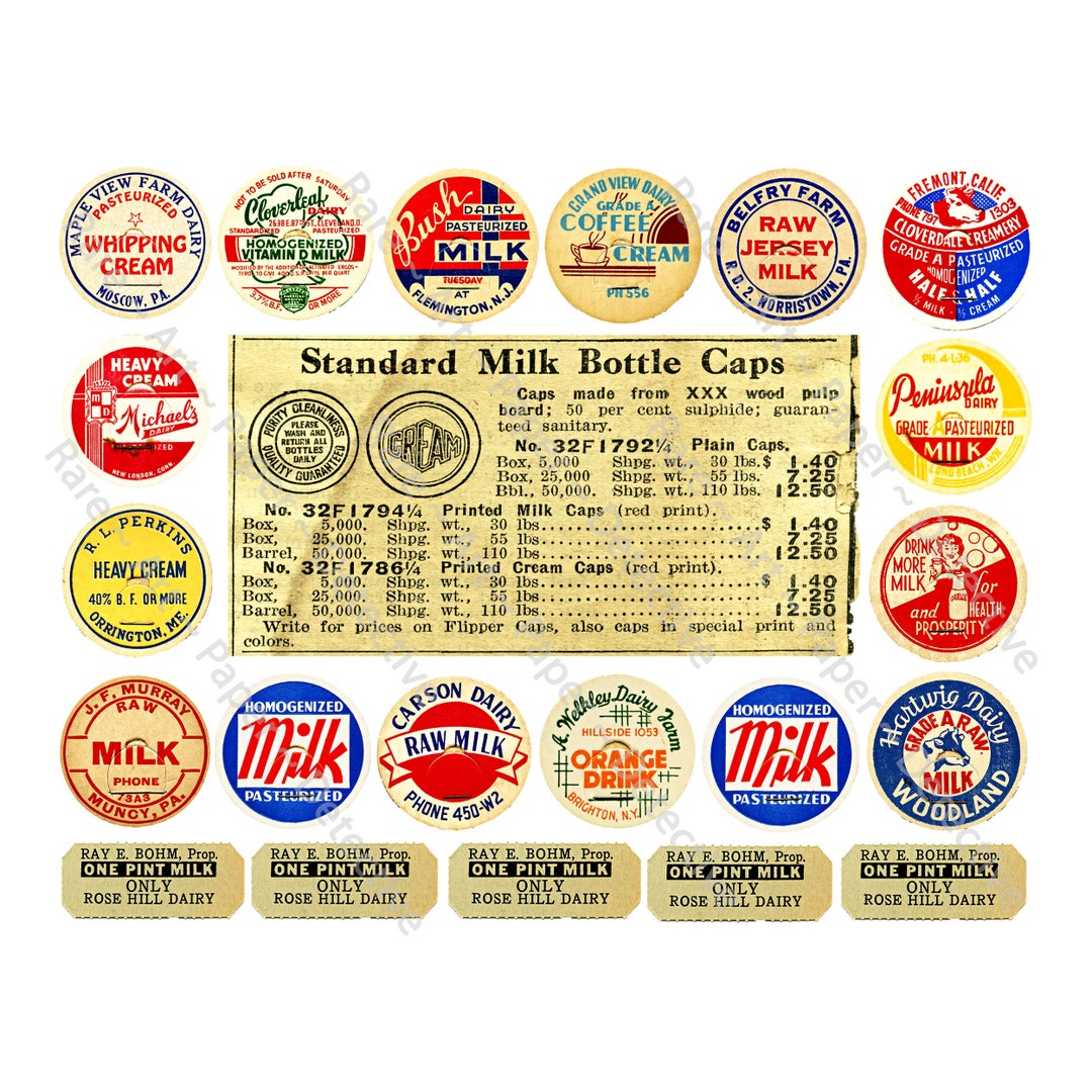 Vintage Milk Cap Stickers, Kitchen Collage Décor, Milk Bottles, Dairy ...
