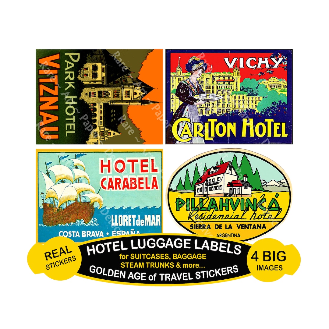 Hotel Luggage Label STICKERS, 4 JUMBO Sized Suitcase Decals on a Cut ...