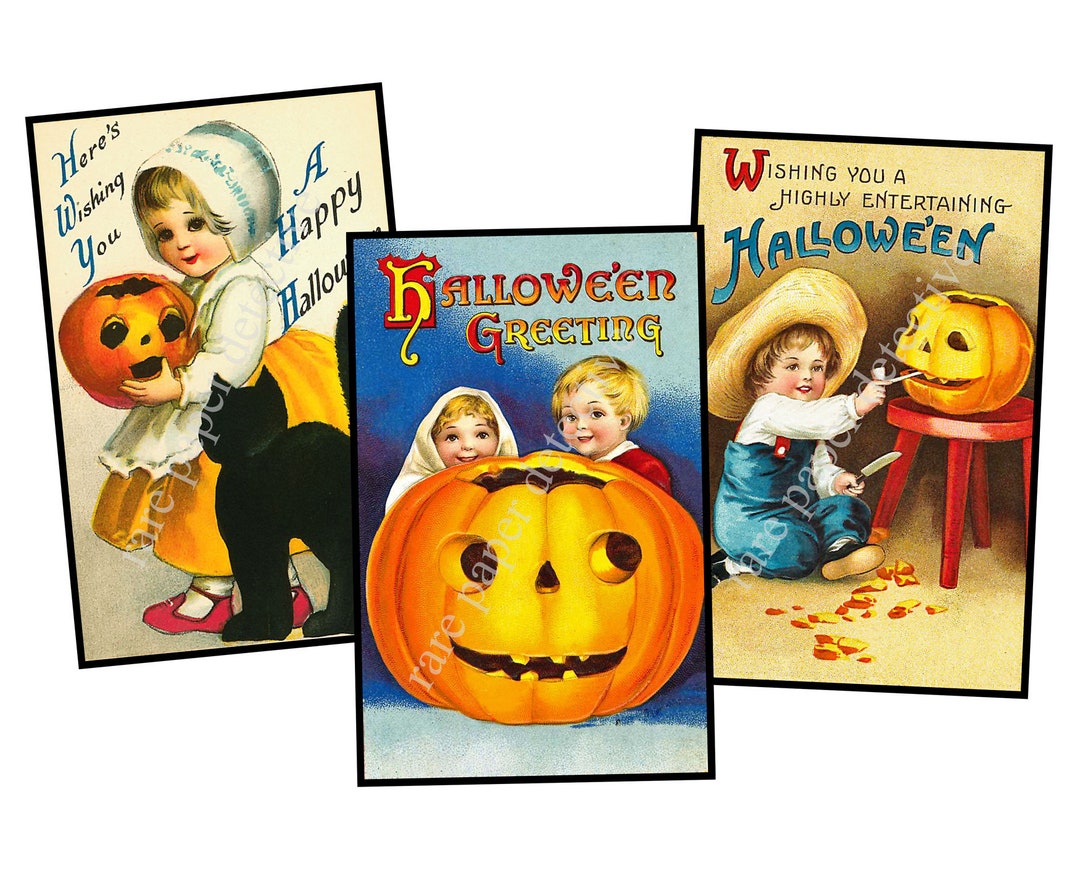 Halloween Postcard Stickers, Set of 3, Fall Decor Card Making, Vintage ...