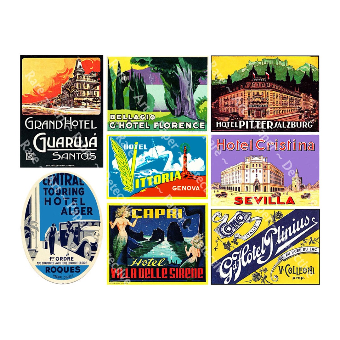 Vintage Hotel Luggage Label Stickers: Travel Trunk Decals (8 Stickers ...