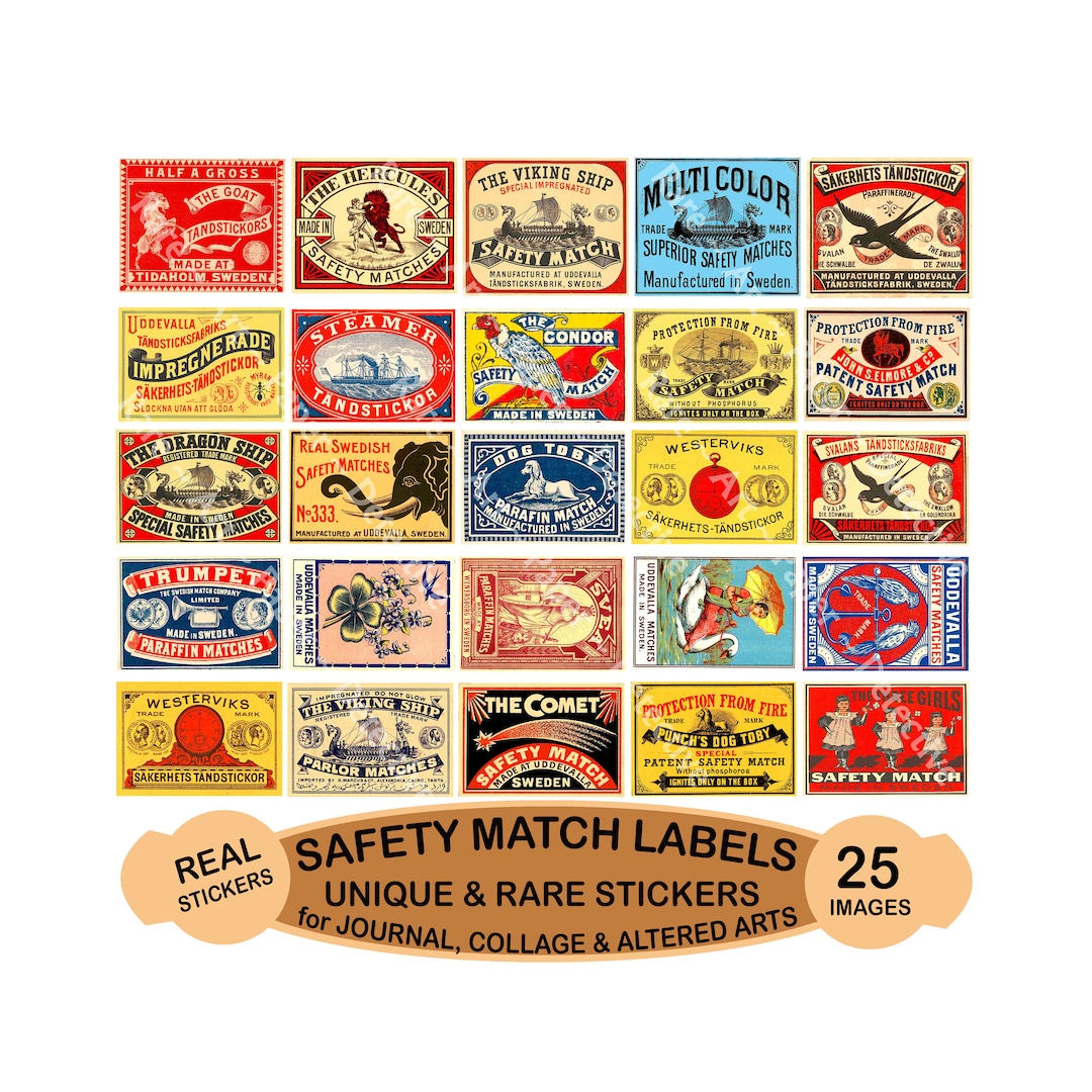 Antique Match Label Stickers, Authentic Sizes, 2" Wide Each, Matchbook ...