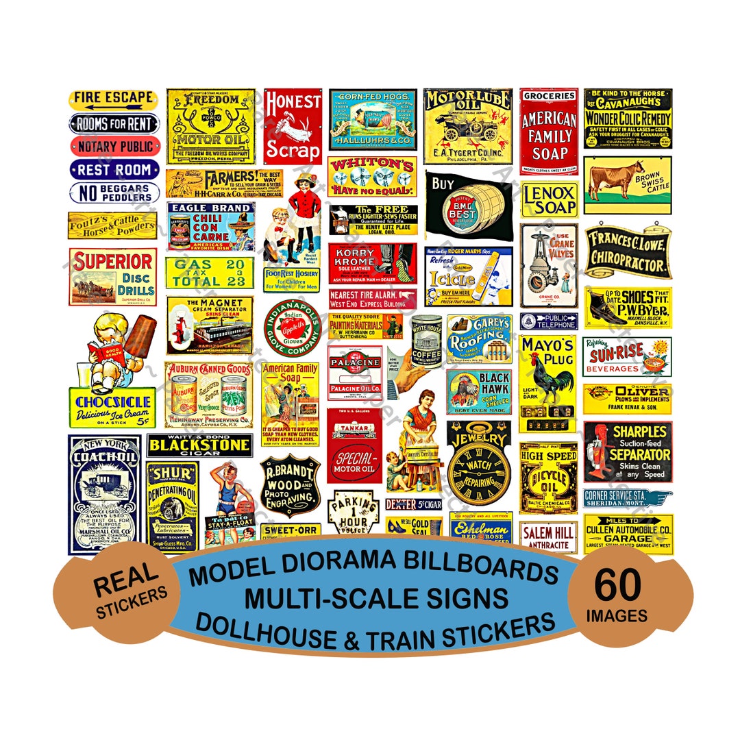 Model Railroad & Dollhouse Signs, Sticker Sheet, 60 Multi Scale Hobby ...