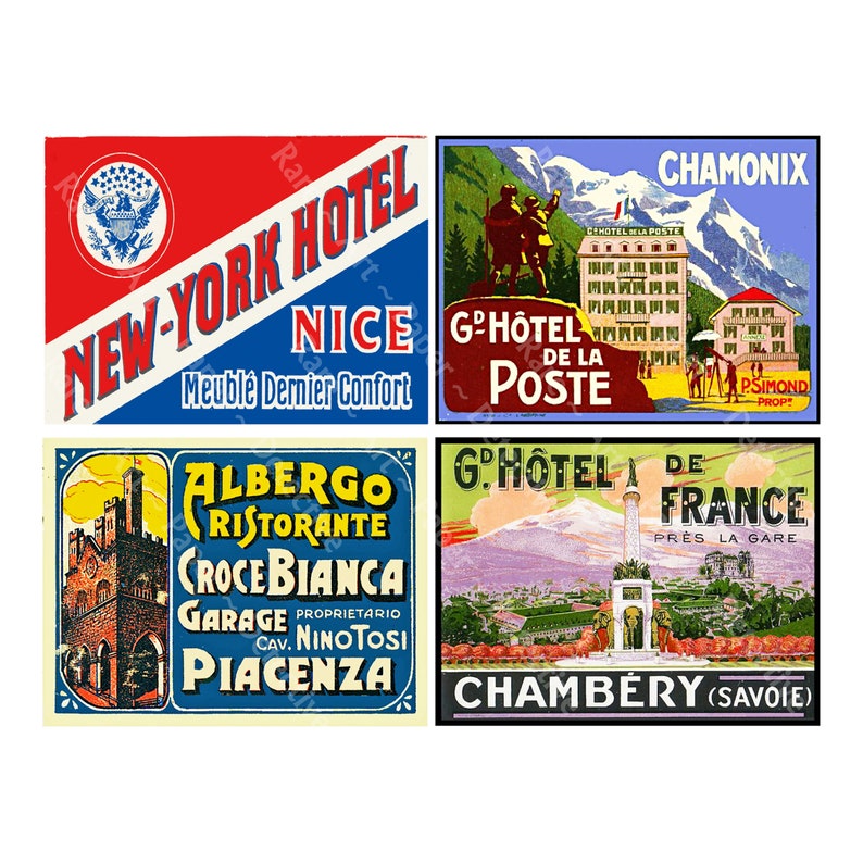 Hotel Luggage Label STICKERS, 4 JUMBO Sized Suitcase Decals on a Cut ...