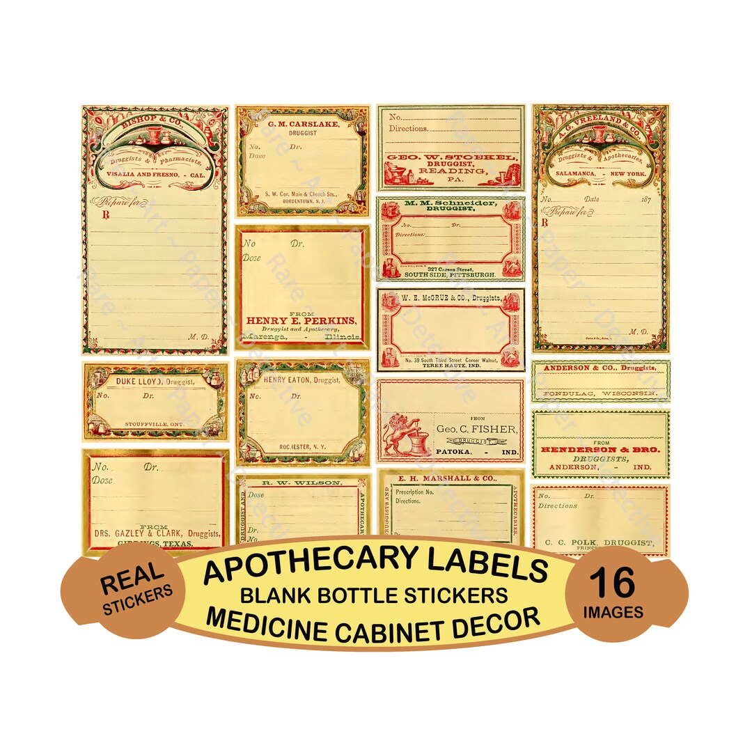 Antique Medicine Bottle Label Stickers, 16 Blank Labels, Vintage Drug ...