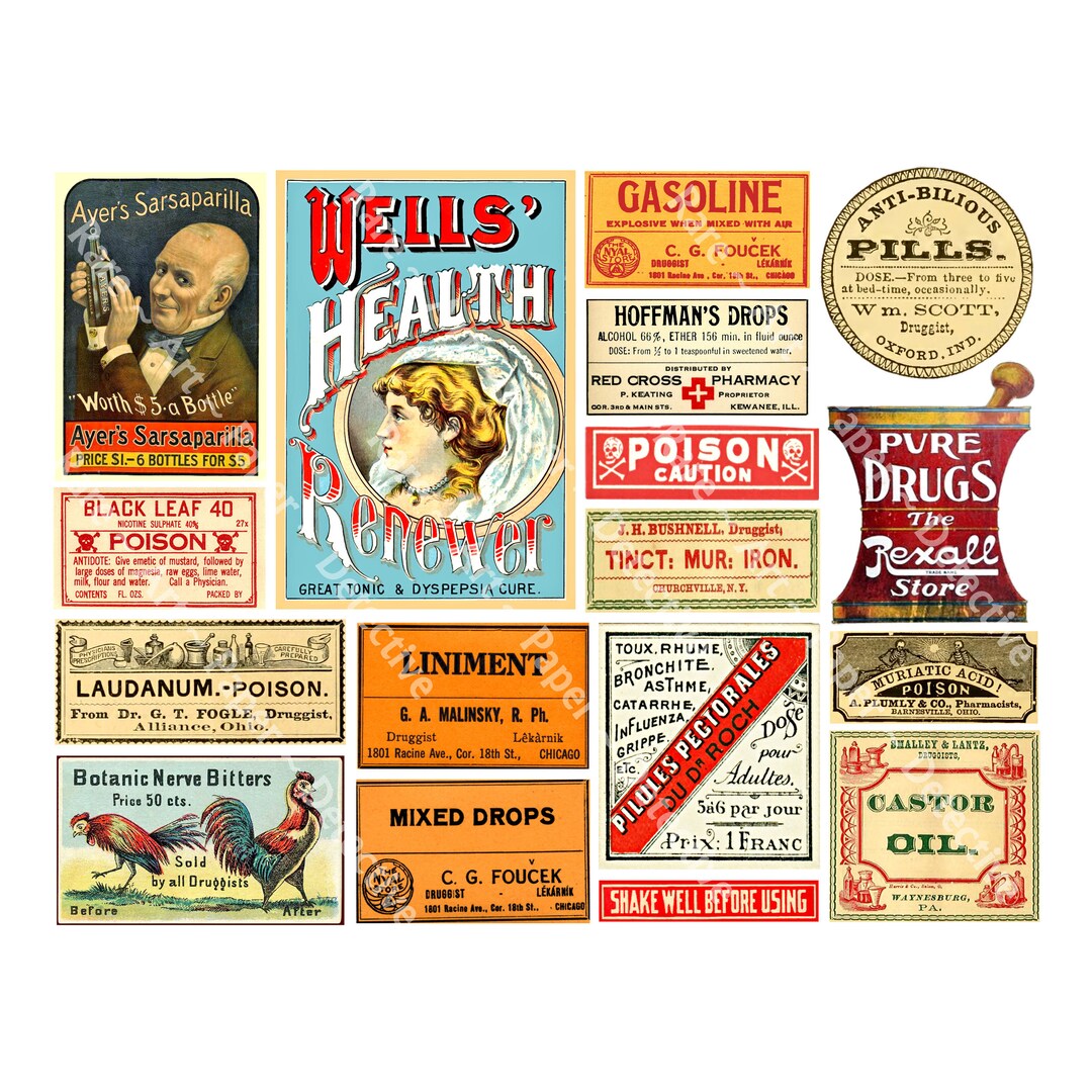 Antique Pharmacy Stickers, Apothecary Poison Labels, 17 Adhesive ...