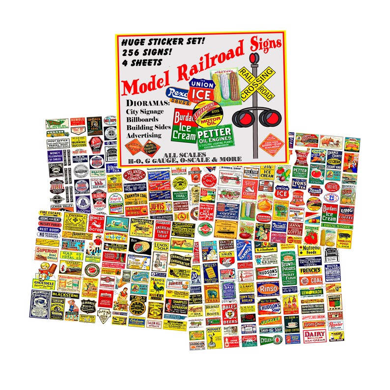 Signs for Trains & Dollhouses, 256 Model Railroad Advertising Sticker ...