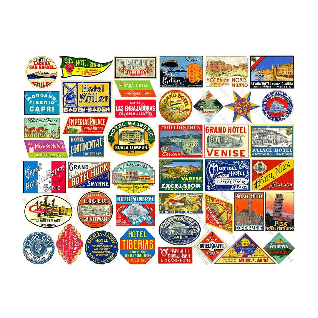 Huge Set, 44 Hotel Luggage Stickers, 4 STICKER SHEETS, Travel Trunk ...