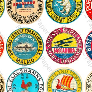 Vintage Label Art, Construction Stickers, Portland Cement Labels, 12 ...