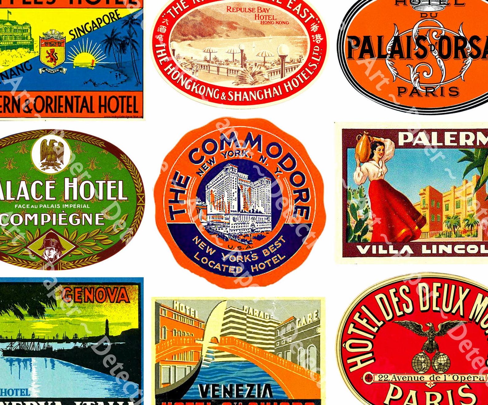 Hotel Luggage Labels, Sticker Sheet, Retro Art Paper Suitcase Decals ...