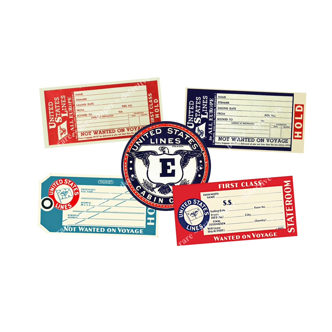 Luggage Stickers, Steamship Travel Labels, United States Line Set of 5 ...