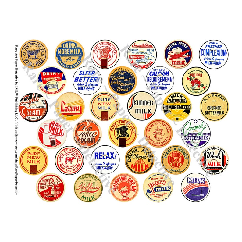 Vintage Milk Caps, Printed Sheet, Kitchen Collage, Milk Bottles, Dairy ...