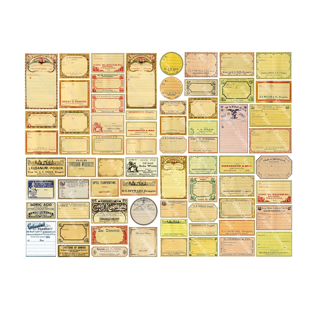 Antique Medicine Bottle Labels, 69 Pcs Set on 4 Cut & Peel Sticker ...