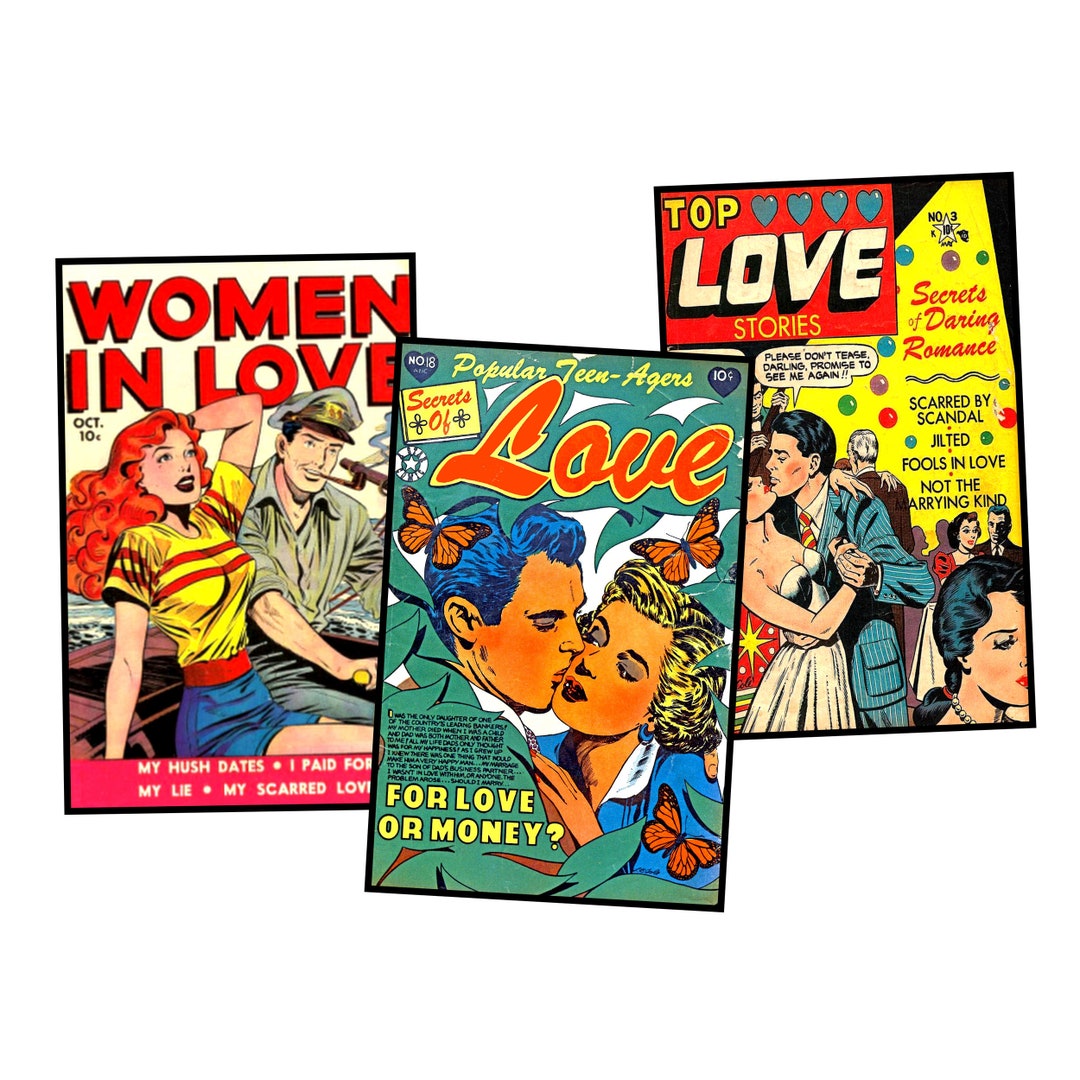 Romance Comic Book Postcard Sticker Illustrations Vintage Style Comics ...