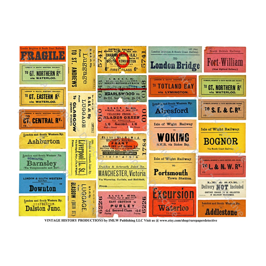 Luggage Labels Railway & Railroad STICKER Sheet, Railroad Ticket Stubs ...