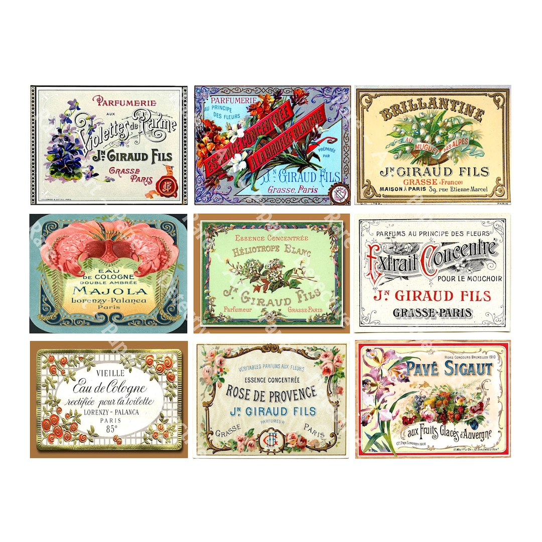 French Perfume Cologne Labels, Sticker Sheet, 9 Labels, Vintage Floral ...