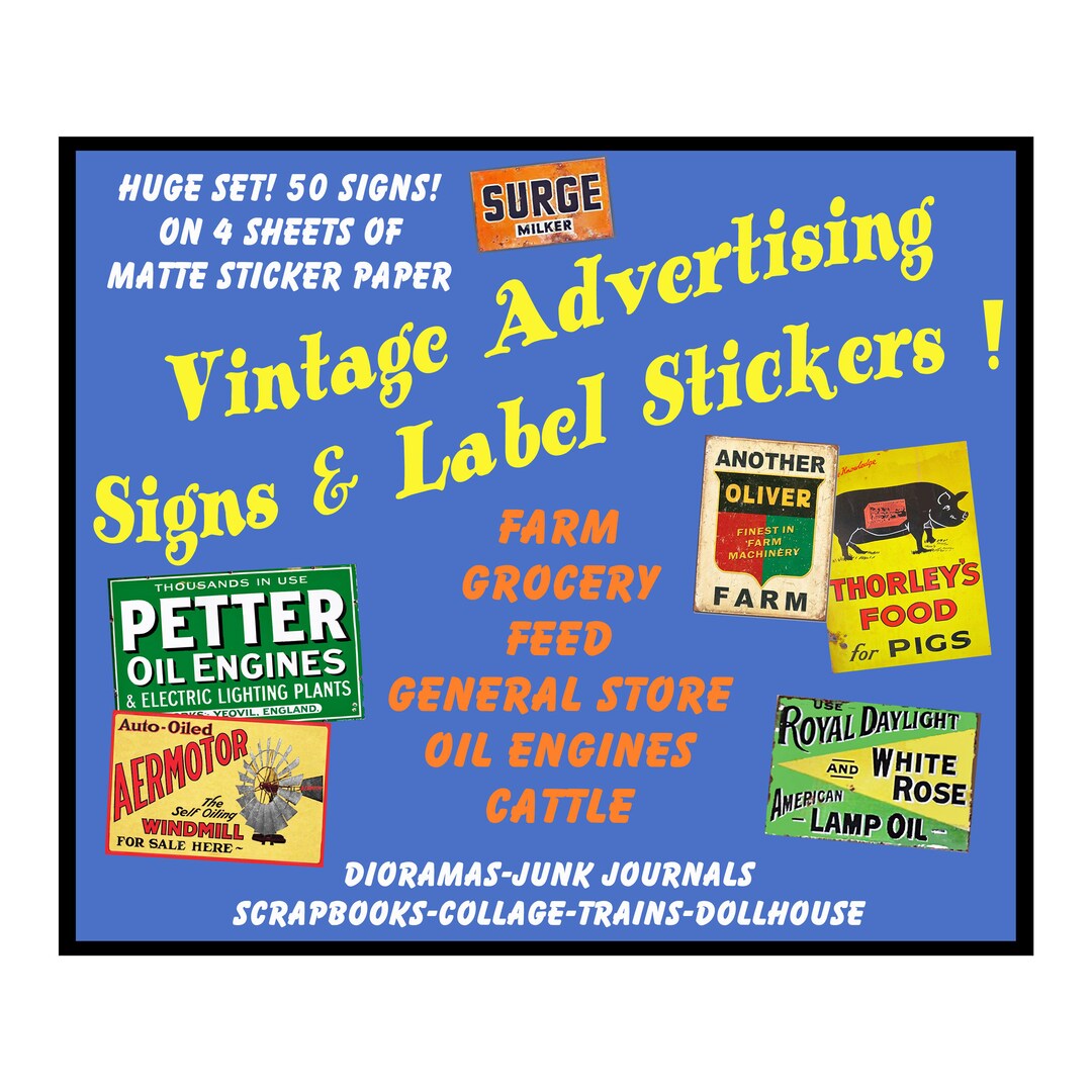 Vintage Sign Stickers, 4 SHEETS, 50 Large Signs, Vintage Advertising ...