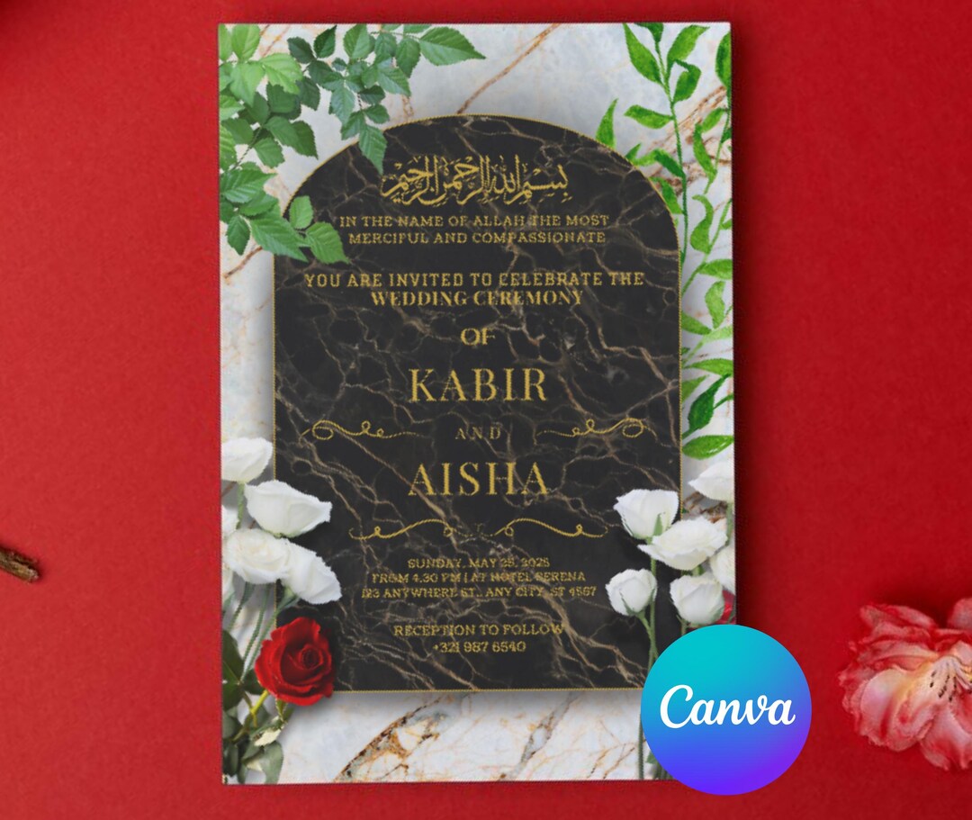 Muslim Wedding Invitation | Editable Islamic Nikkah Marble Plate Floral ...