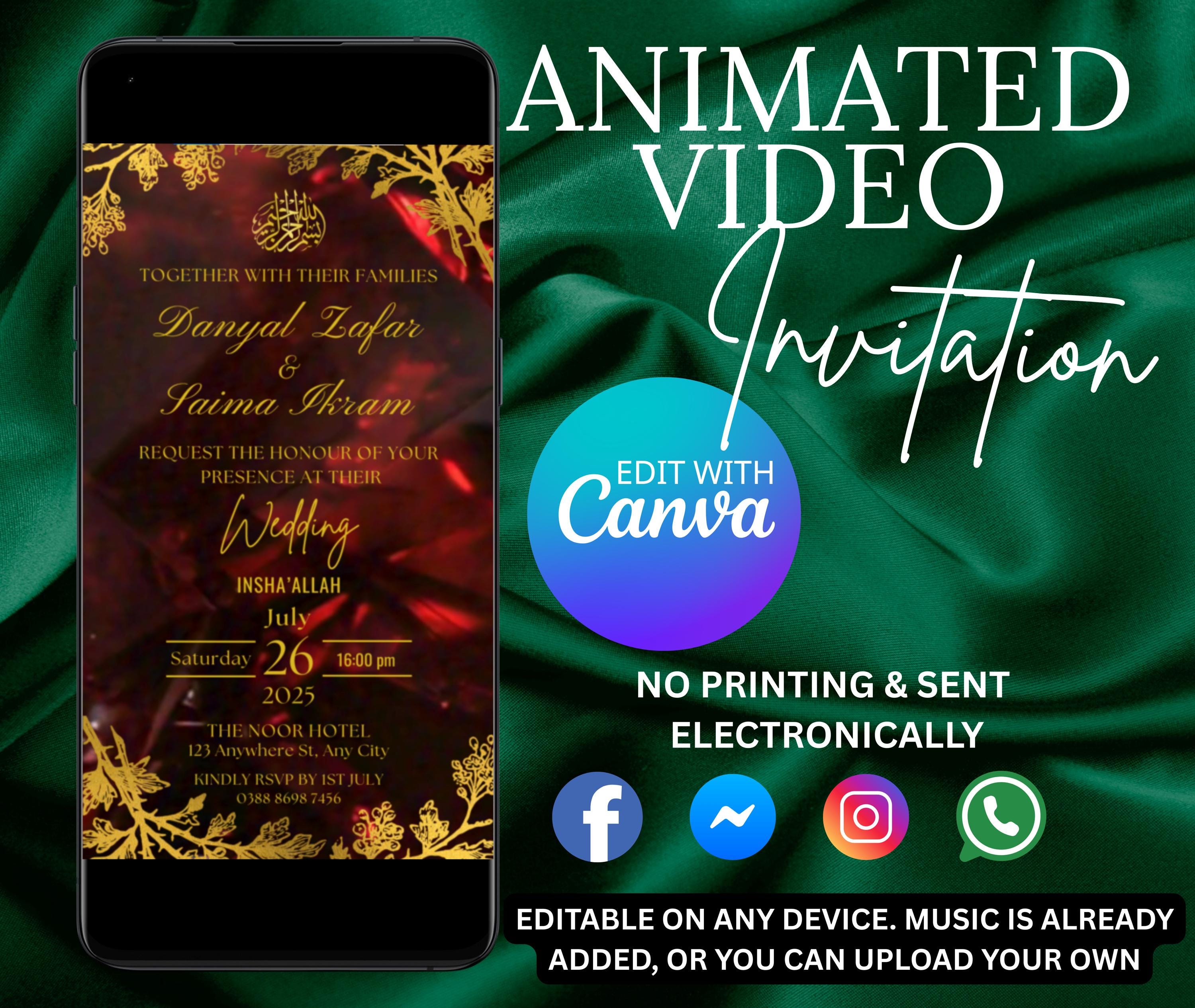 Red Crystal Muslim Wedding Invitation Video, Editable Canva Nikah ...