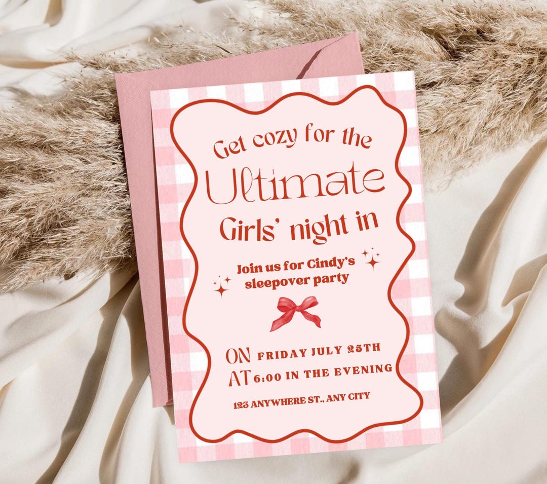 Charming Red & Pink Girls’ Night Invitation | Cozy Sleepover Party ...