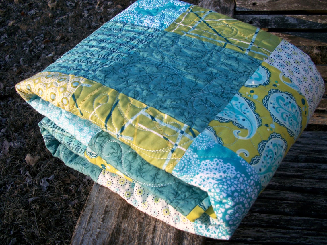 Paisley Lap Quilt Chartreuse Green Teal Blue Quilted Patchwork Quiltsy ...