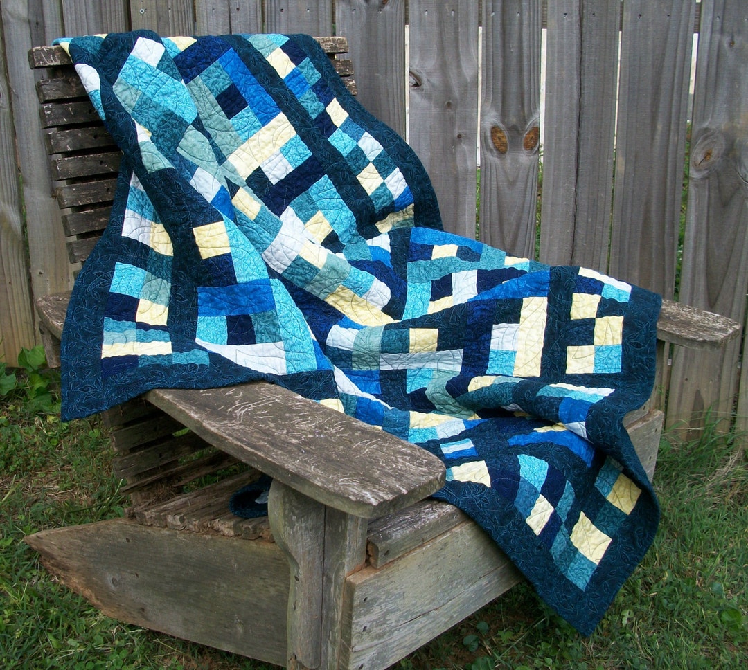 Blue Yellow Quilt Handmade Quilted Indigo Teal Jinny Beyer - Etsy