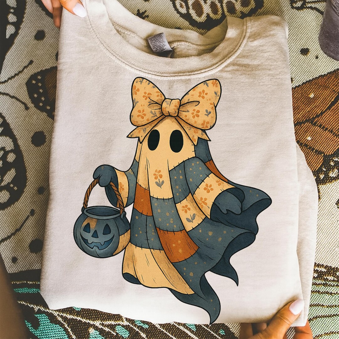 Retro Halloween Blue Denim Ghost Png, Trendy Patchwork Spooky Ghost Png ...