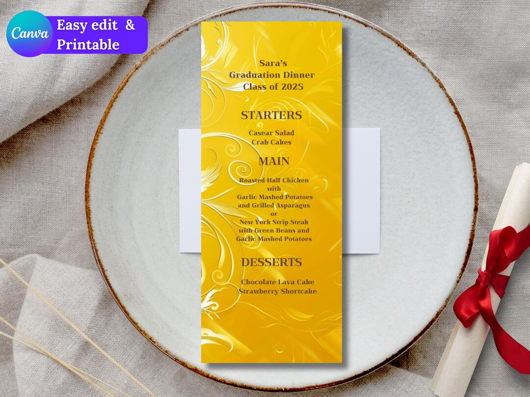 Editable Gold Graduation Party Dinner Menu Card Template, Class of 2025 ...