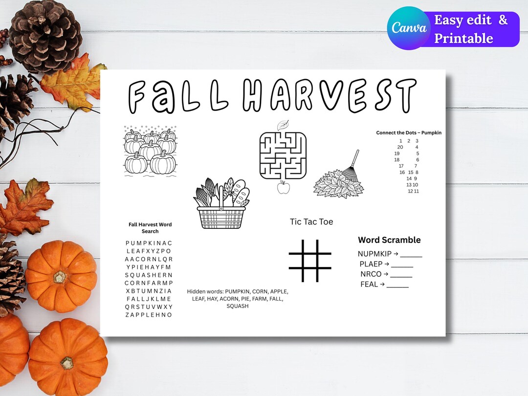 Fall Harvest Activity Sheet for Kids | Printable Word Search, Maze, Tic ...