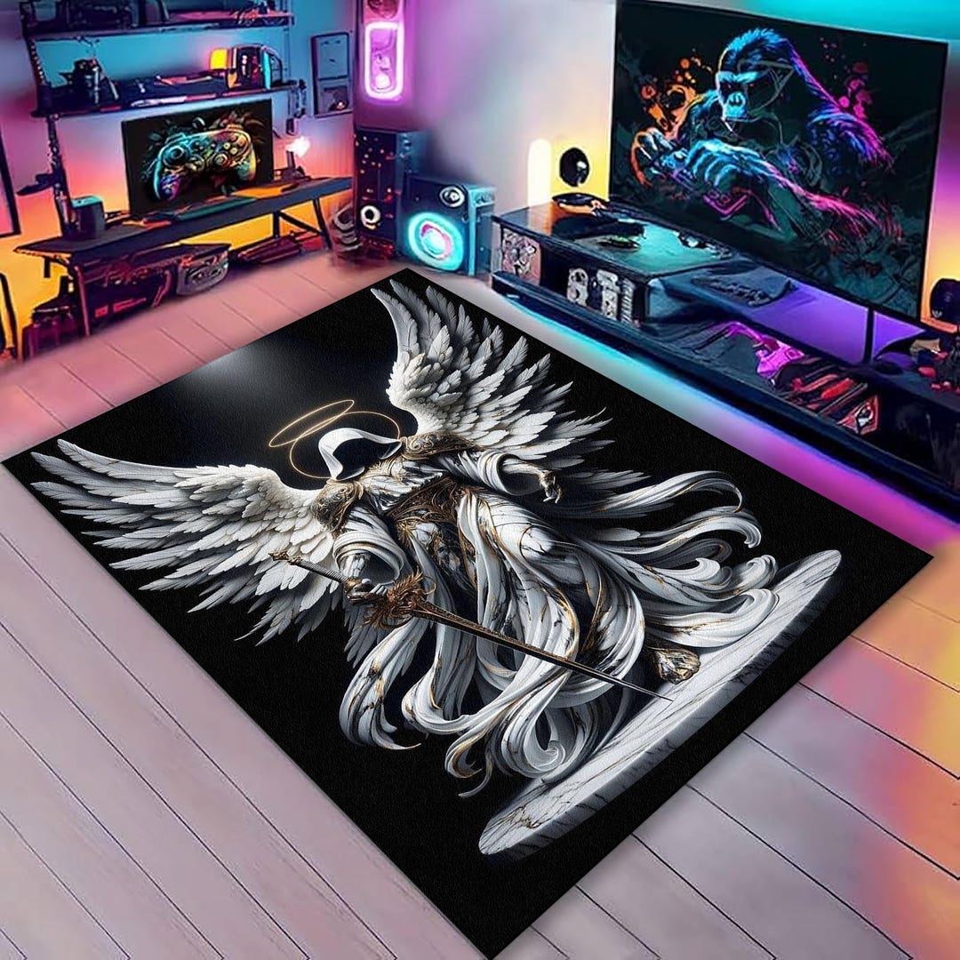 Angel Statue Rug, Mythological Sculpture Rug, Bioluminescent Art, Area ...