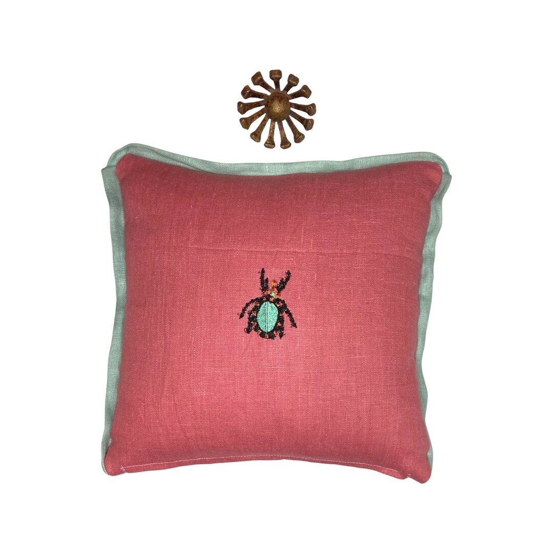 Pink and Blue Beetle Embroidery Linen Pillow - Insect Pillow - Etsy