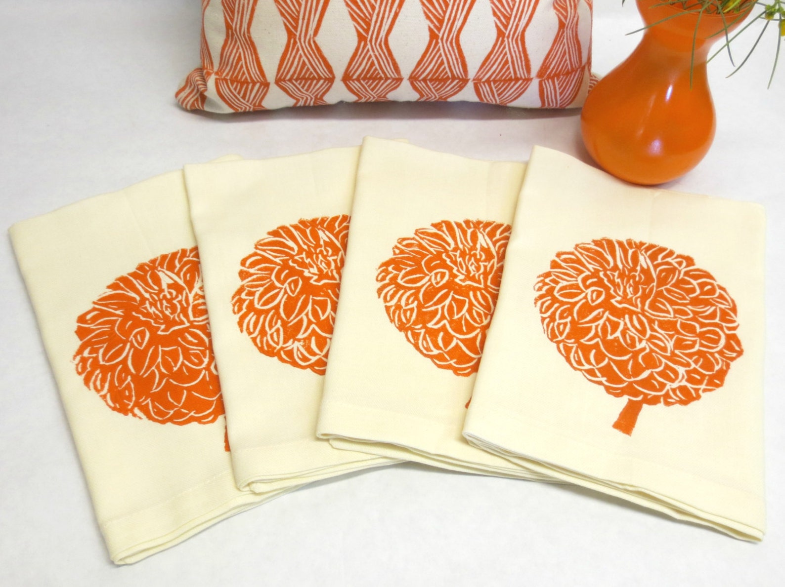 Hand Printed Flower Napkin Hand Printed Orange Dahlia Flower | Etsy
