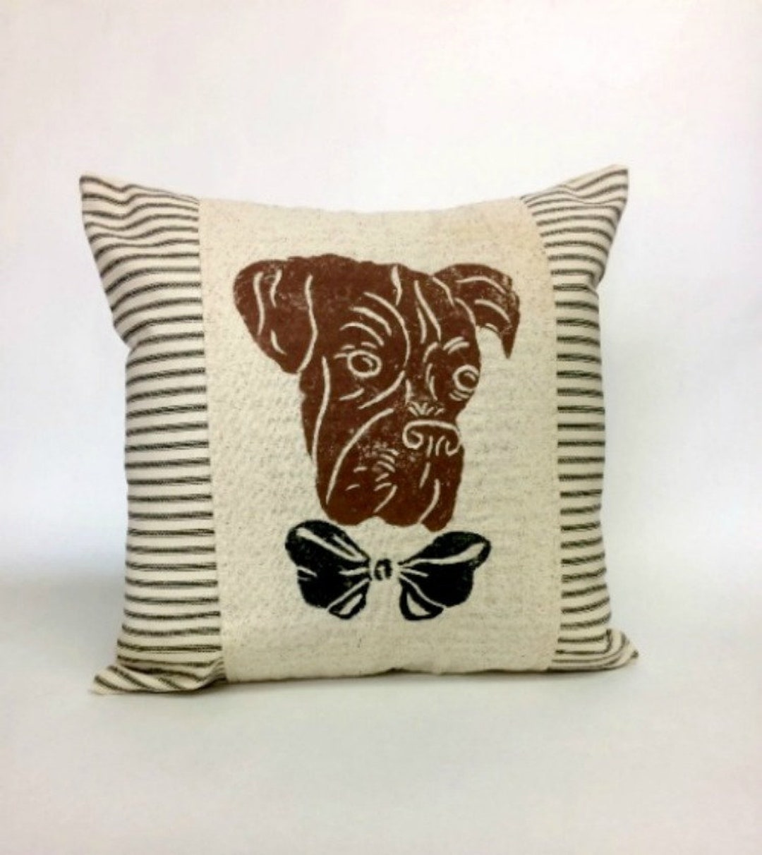 Boxer Dog Pillow Cover: Hand Block Print, Ticking Stripe Accent - Etsy