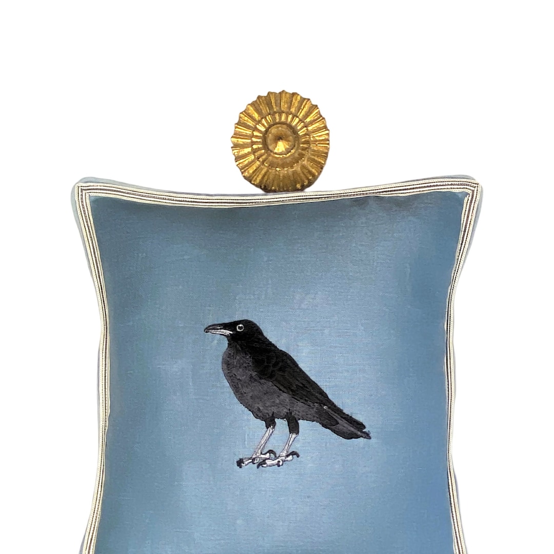 Embroidered Raven Linen Pillow: Slate Blue Bird Decorative Cushion - Etsy