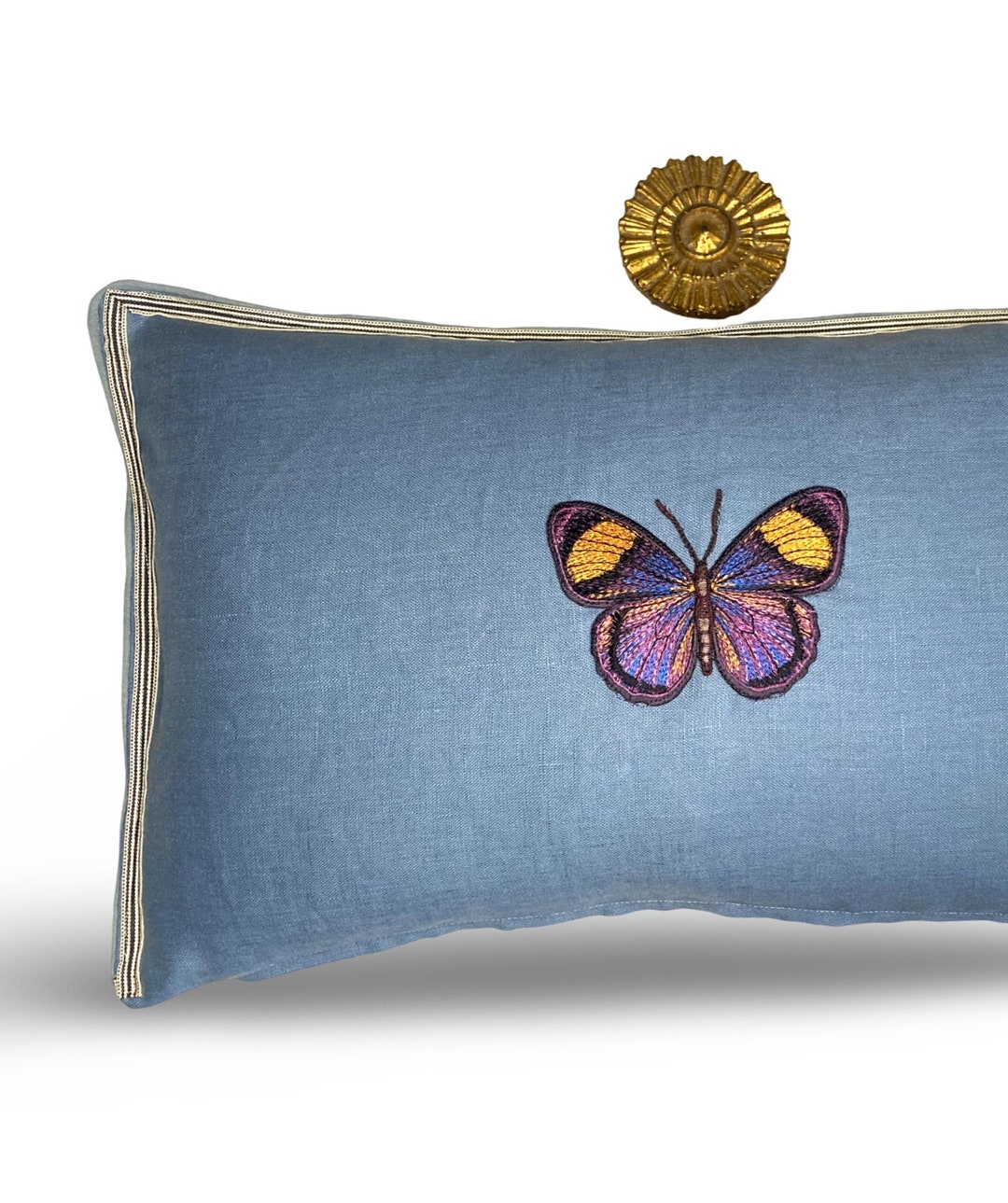 Butterfly Aqua Blue Green Embroidered Linen Pillow - Embroidery Pillow ...
