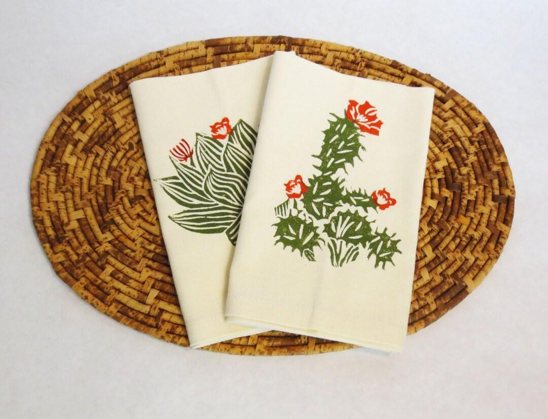 Set of Four Ivory Cotton Napkin With Hand Print Desert Cactus Design ...