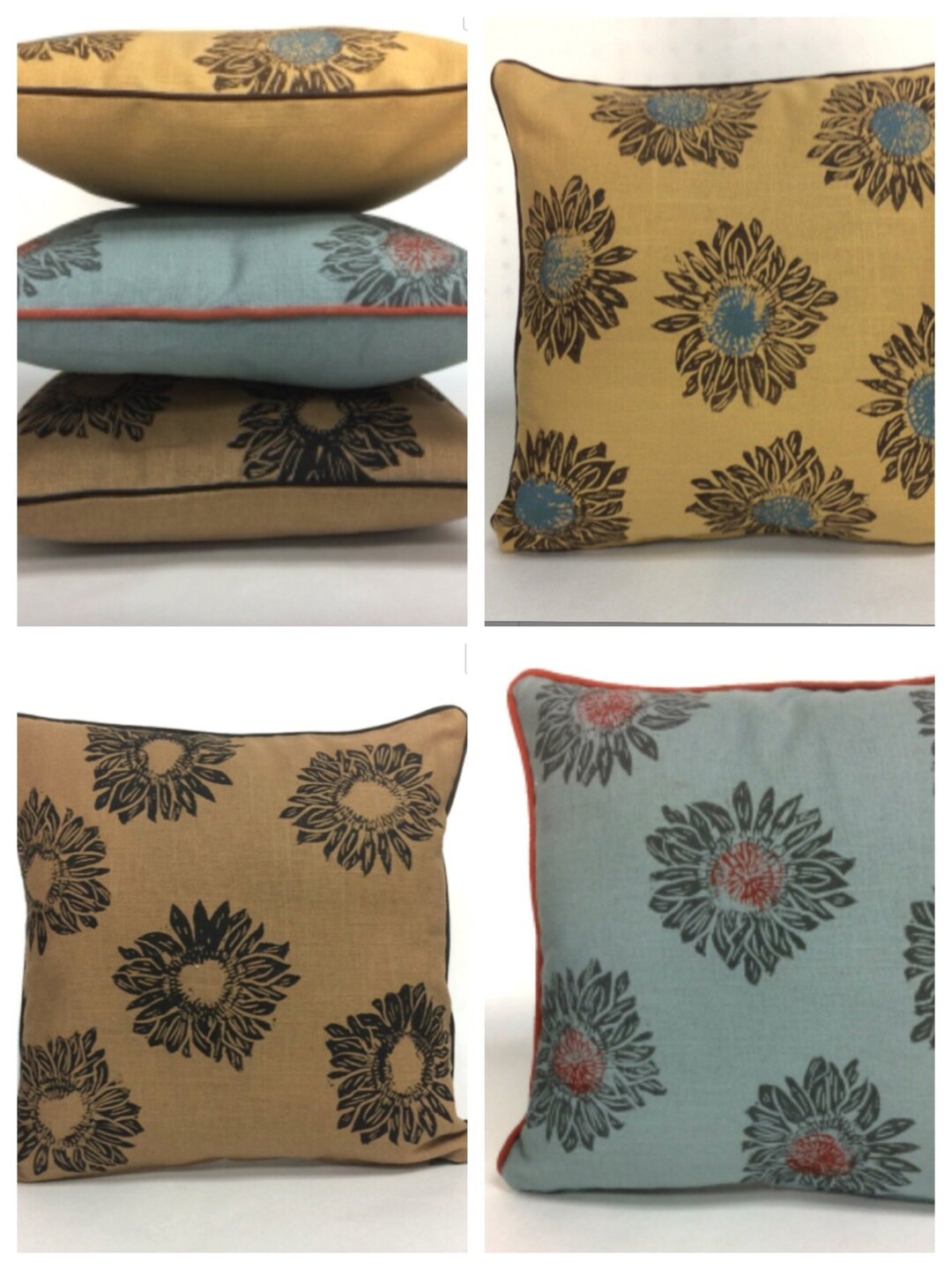 Sunflower Linen Pillow, Floral Print Decorative Pillow, Hand Printed ...