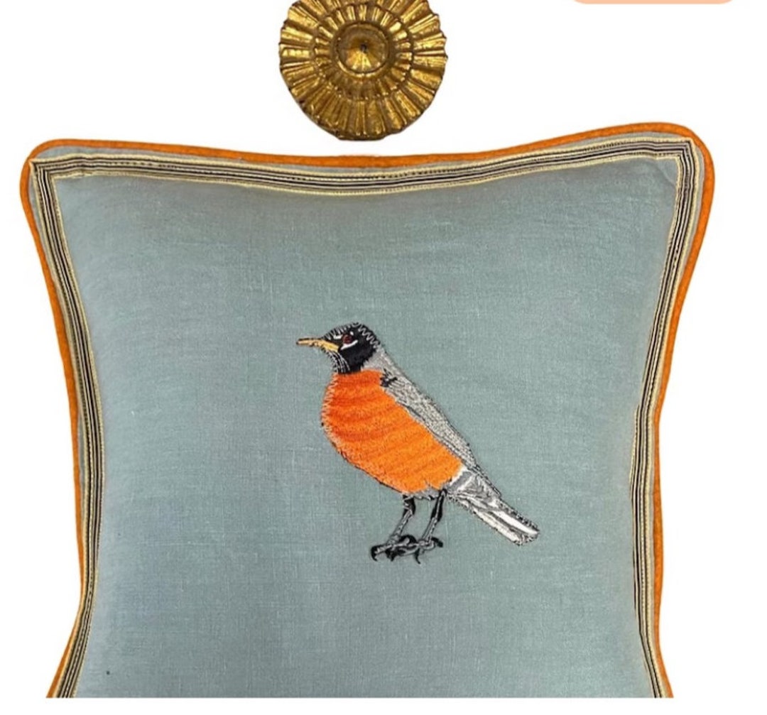 Embroidered Robin Bird Linen Pillow: Slate Blue & Orange Accent - Etsy