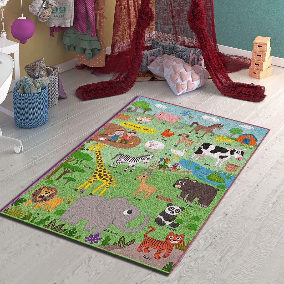 Farm Animals Activity Rug,safari Themed Nursery Rug,boho Kids Room ...