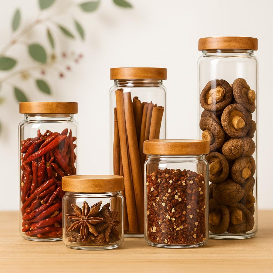 Airtight Glass Storage Jar Set: Natural Wood Lid Kitchen Canisters - Etsy