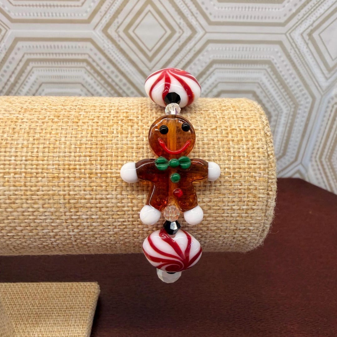 Handmade Glass Gingerbread Man and Peppermint Candy Bracelet - White ...