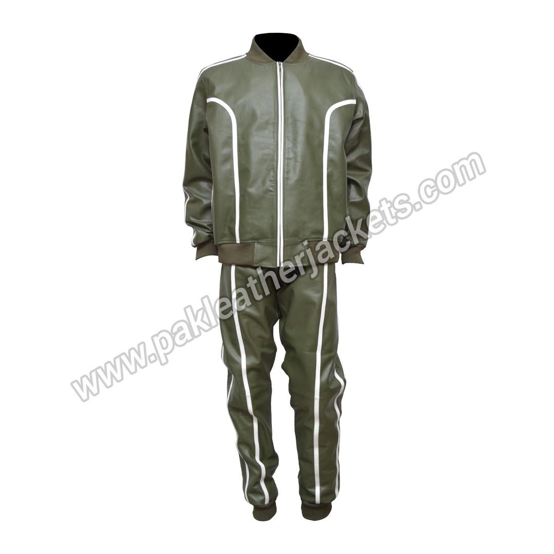 Handmade Olive Green Leather Tracksuit White Stripe Fashion Set - Etsy