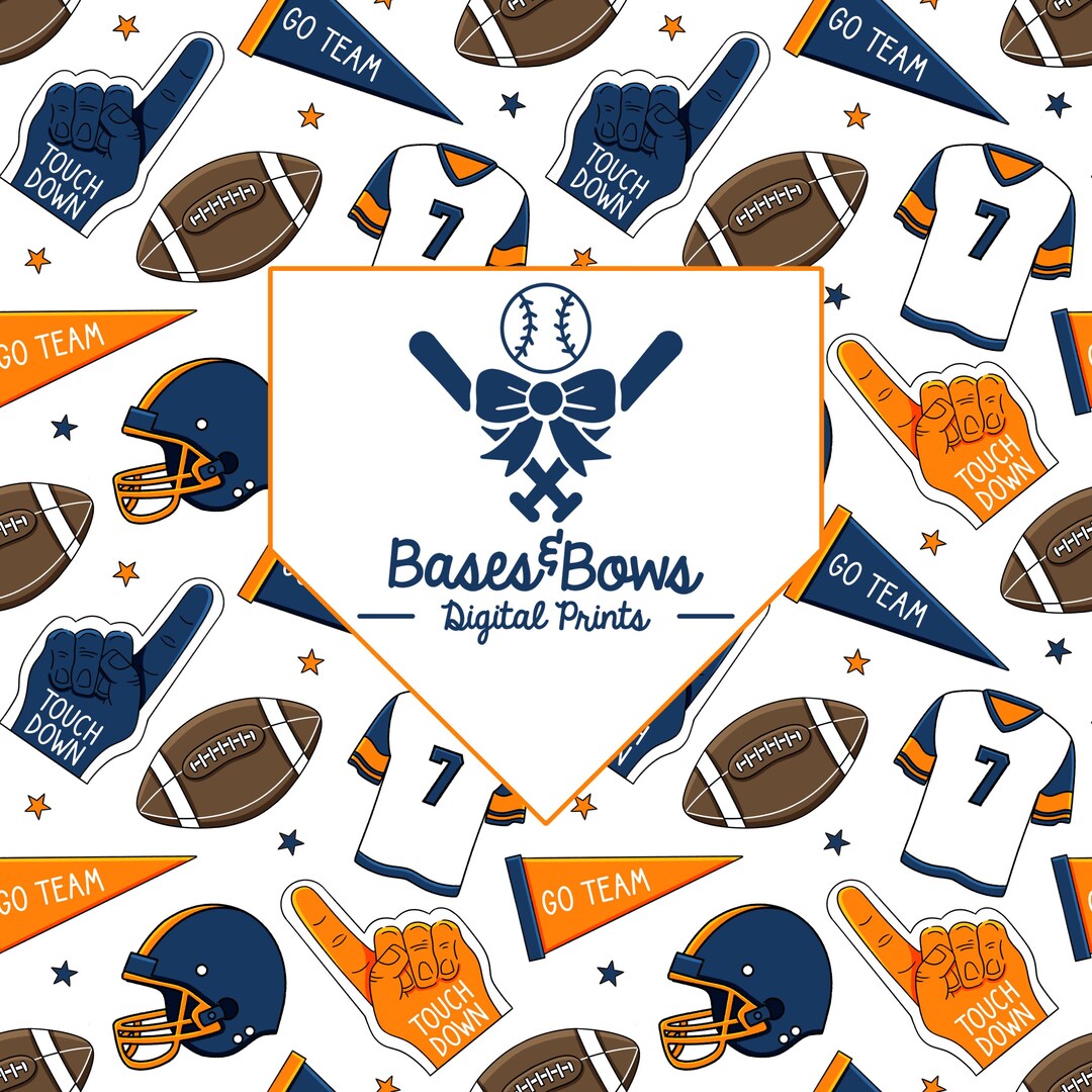 Blue and Orange Football Seamless Pattern 300DPI 12x12in Hand-drawn PNG ...