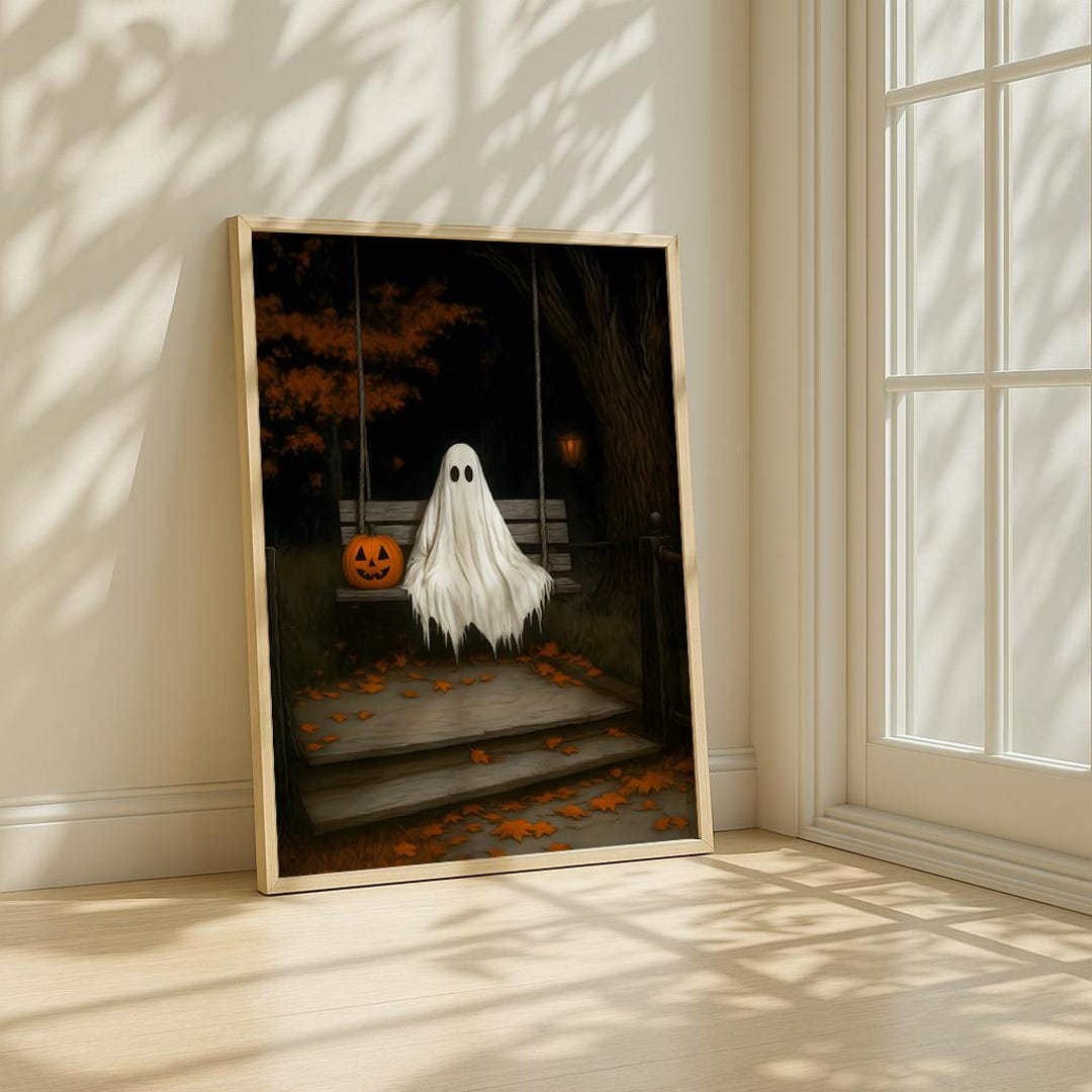 Ghost Sitting on Swing With Pumpkin | Spooky Cute Halloween Wall Art ...