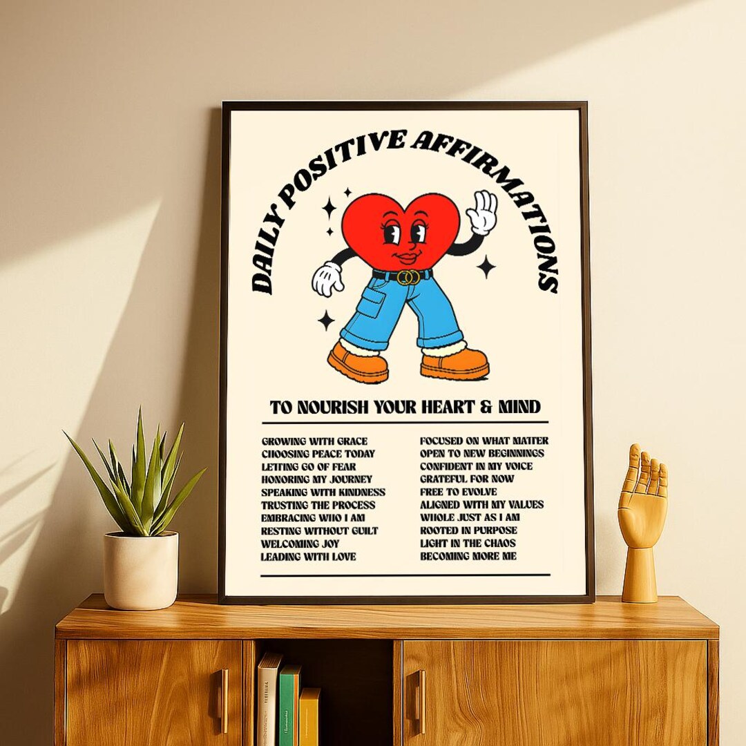 Daily Positive Affirmations Poster – Cartoon Heart Motivational Print ...