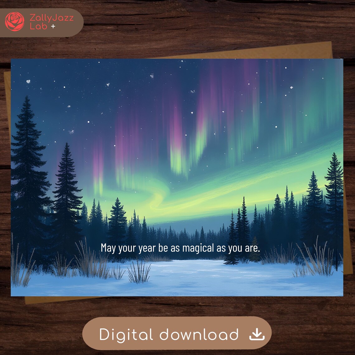 Aurora Borealis Greeting Card: Northern Lights Landscape (digital ...
