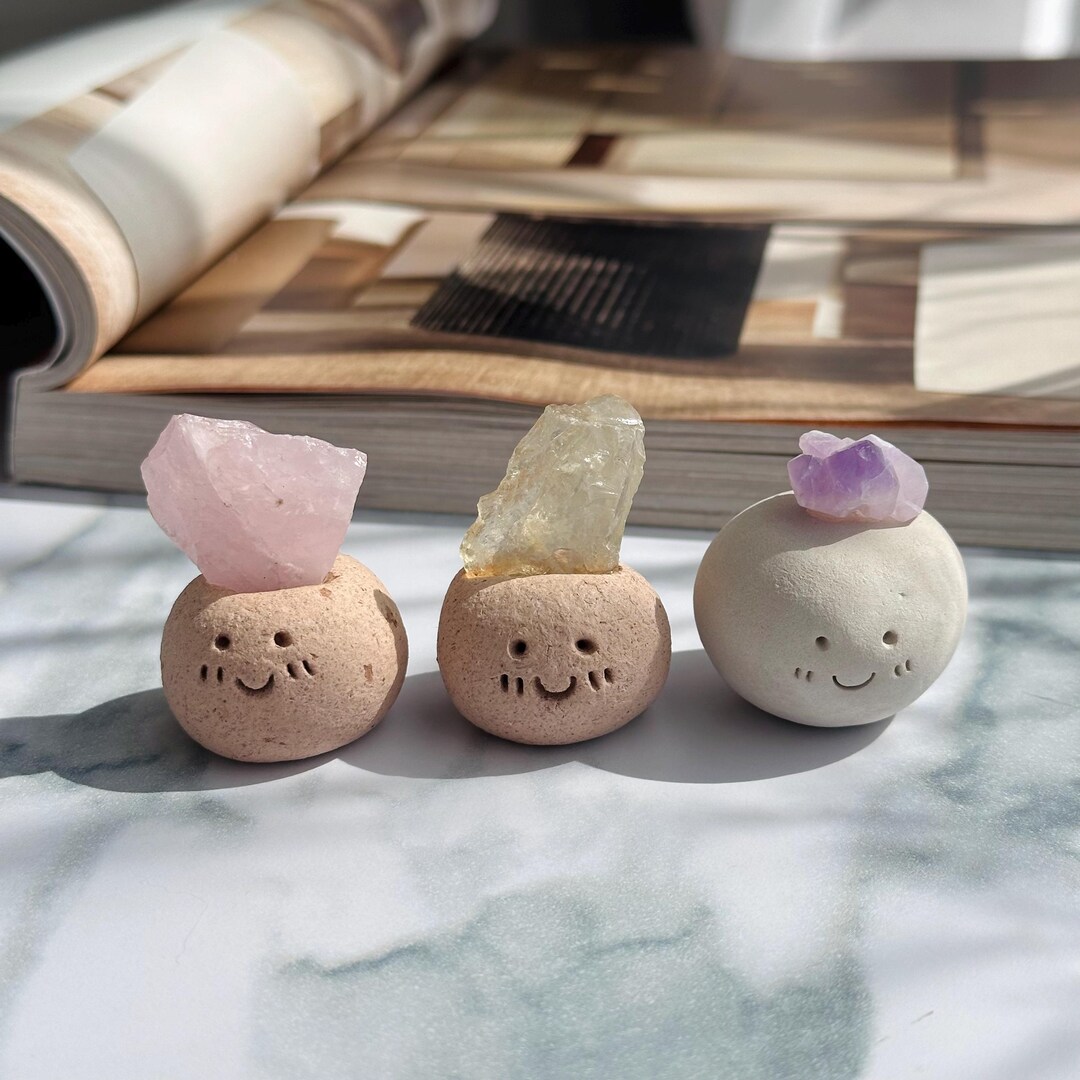 Handcrafted Smiley Crystal Figurine: Natural Amethyst, Rose Quartz ...