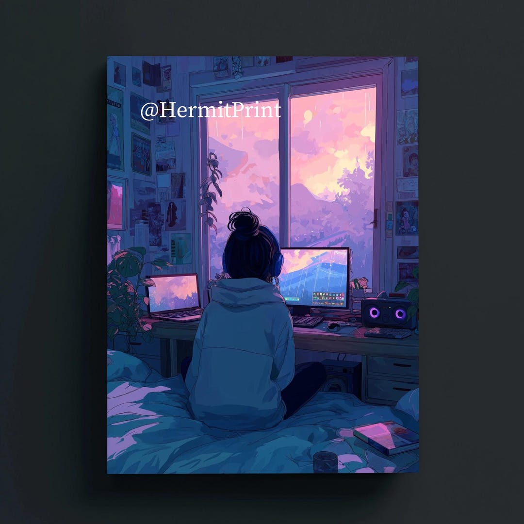 Lo-fi Gamer Girl Art Print — Cozy Anime Room Wall Art — Rainy Day ...