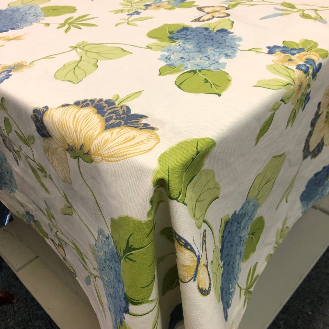 Blue, Green Gold White Hydrangea Floral Cotton Print Tablecloth 52 ...